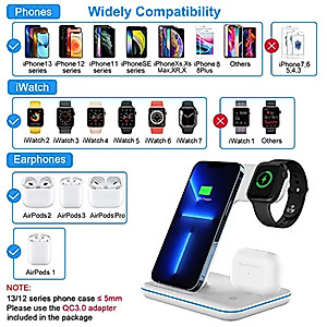 Charging Station for iPhone Multiple Devices, Foldable 3 in 1 Fast Charging Stand Dock for AirPods 3/2/1/Pro & iPhone 6-14 Series, Apple Watch Charger for Apple Watch Series with Adapter