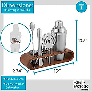 BIRDROCK HOME 10 Piece Bartender Kit with Wood Stand | Acacia | Professional Grade Stainless Steel Cocktail Set | Home Bar Tools | Gifts for Him | Shaker Bottle Opener