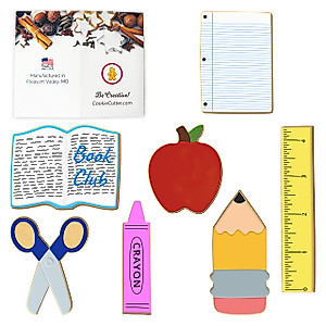 Foose Brand Back To School Teacher Appreciation Cookie Cutter 7 Pc Set –School Book, Ruler, Crayon, Scissors, Rectangle, apple, and pencil Cookie Cutters Hand Made in the USA from Tin Plated Steel