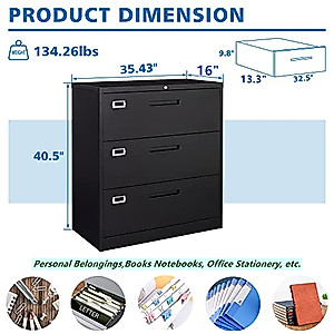 BYNSOE Lateral File Cabinet with Lock,Metal Storage File Cabinet 3 Drawer,Steel Lateral File Cabinet for Legal/Letter A4 Size,Wide File Cabinet for Office Home,Assembly Required