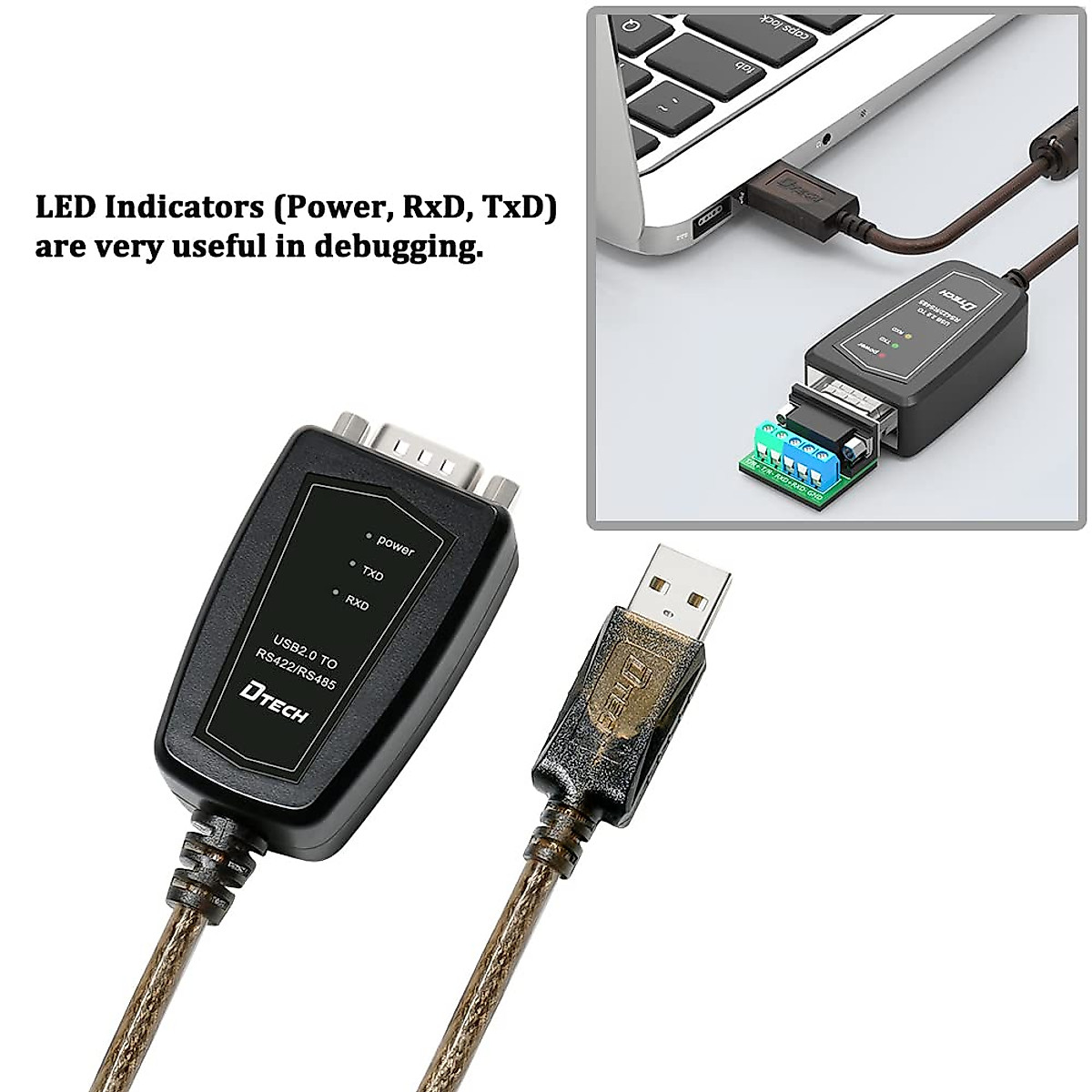 DTECH USB to RS485 Adapter RS422 Serial Port Cable with CP2102 Chip Terminal Board LED Lights Ferrite Core for Windows 11 10 8 7 XP Mac (5 Feet)