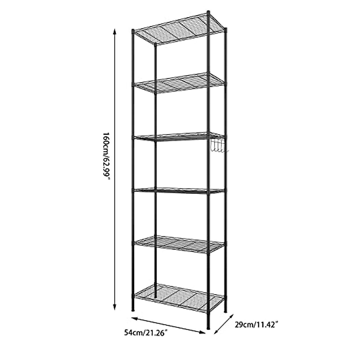 Himimi 6-Tier Wire Shelving Unit, Adjustable Metal Storage Rack with Wire Shelves, Versatile Wire Shelving Rack for Tall and Narrow Storage, Steel Storage Shelves for Organization & Side Hooks, Black
