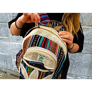 Himalayan Fashion Handmade Hemp Medium Backpack Bohemian Marijuana Style Travel Bag, Black, Beige
