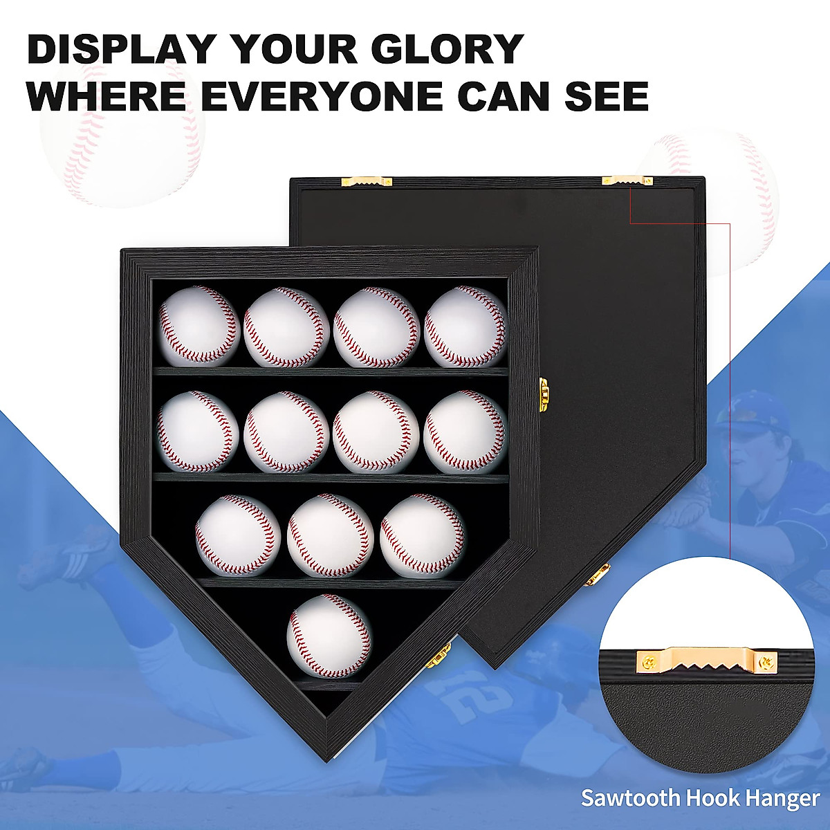 Kacorn Baseballs and Championship Rings Display Case Wall Cabinet with 12 Holders, 98% UV Protection, Wood Ideal for Collection Autographed Baseball Ball Holder