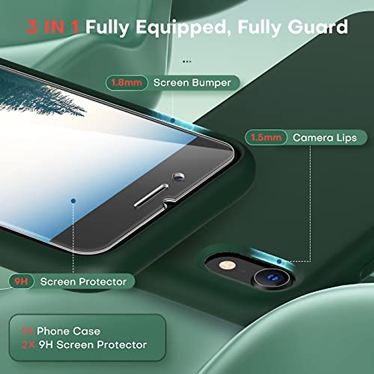 TOCOL 3 in 1 for iPhone SE Case 2020/2022, iPhone 8/7 Case, with 2 Pack Screen Protector, Slim Liquid Silicone Shockproof Phone Case 4.7 Inch, [Anti-Scratch] [Drop Protection], Alpine Green