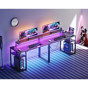 MOTPK Gaming Desk with Led Lights & Power Outlet, 40 Inch Small Gaming Computer Desk with Shelves, Reversible Gamer Desk Table with Adjustable Monitor Stand & Headphone Hook, Carbon Fiber Texture