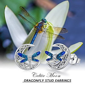 Twoowl Dragonfly Stud Earrings 925 Sterling Silver Celtic Moon Earrings Irish Celtic Jewelry Gifts for Women Girlfriends