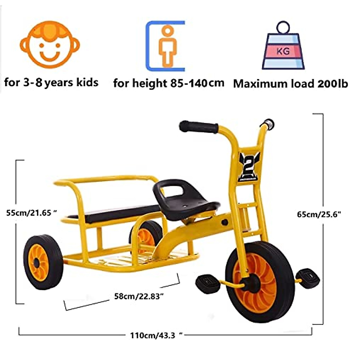 Kids Taxi Tricycles, Preschool Playground Kids Tricycle, Daycare Toddler Tandem Trike, Children Double Seat Bikes with Passenger Seat, Outdoor Playground Equipment Tricycles for Riders Ages 3+