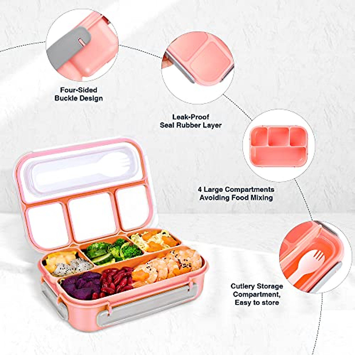 Kishilly Bento Lunch Box for Kids/Adult, Microwavable Kids Bento Box Lunch Containers With Lunch Bag Cookie Cutters Fruit Picks Silicone Cup Reusable Storage Bags for School,Work and Picnic (Pink)