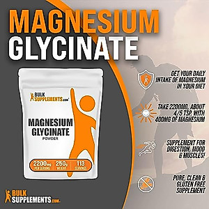 BulkSupplements.com Magnesium Glycinate Powder - Magnesium Bisglycinate, Magnesium Supplement, Magnesium Glycinate 400mg - Pure Magnesium Glycinate - 2200mg per Serving, 250g (8.8 oz)