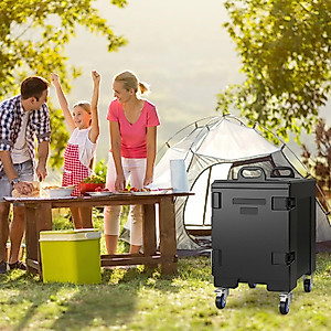 HAPPYGRILL Insulated Food Pan Carrier with Wheels, 81 Quart Food Warmer Box with Double Buckles, Movable Hot Box for Catering Restaurant Picnic, (1, Black with Wheel)