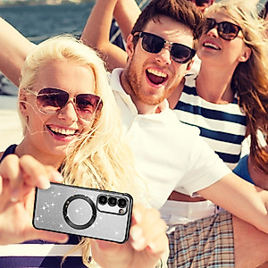 ZTOFERA Clear Magnetic Case for Samsung Galaxy S23 Plus 5G with Gradient Glitter Peice(2 in 1), Luxury Plating Cute Transparent Bling Sparke Case for Women Girls,Shockproof TPU Protector Cover-Black