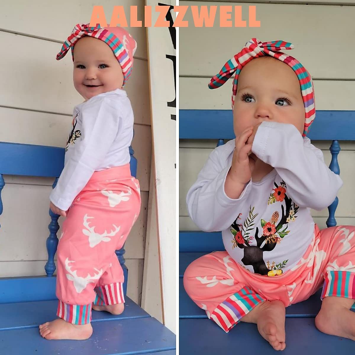 Aalizzwell Newborn Girls Long Sleeve Deer Romper Tops Pink Pants Hat Set (White, 0-3Months)