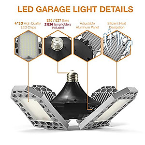 2 Pack LED Garage Lights, 145W 16500 Lumens Deformable Garage Ceiling Lighting, 6000K Daylight with Four Leaf Garage Ceiling Light Fixture E26/E27 LED Shop Light for Barn Basement Workshop Warehouse