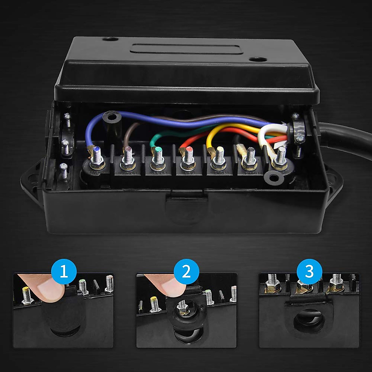 OPL5 7 Way Trailer Plug 8 Feet Heavy Duty Inline Trailer Cord with 7 Gang Wiring Junction Box Weatherproof 7 Pin Trailer Wiring Harness Include Plug Holder for Campers Caravans Food Vans