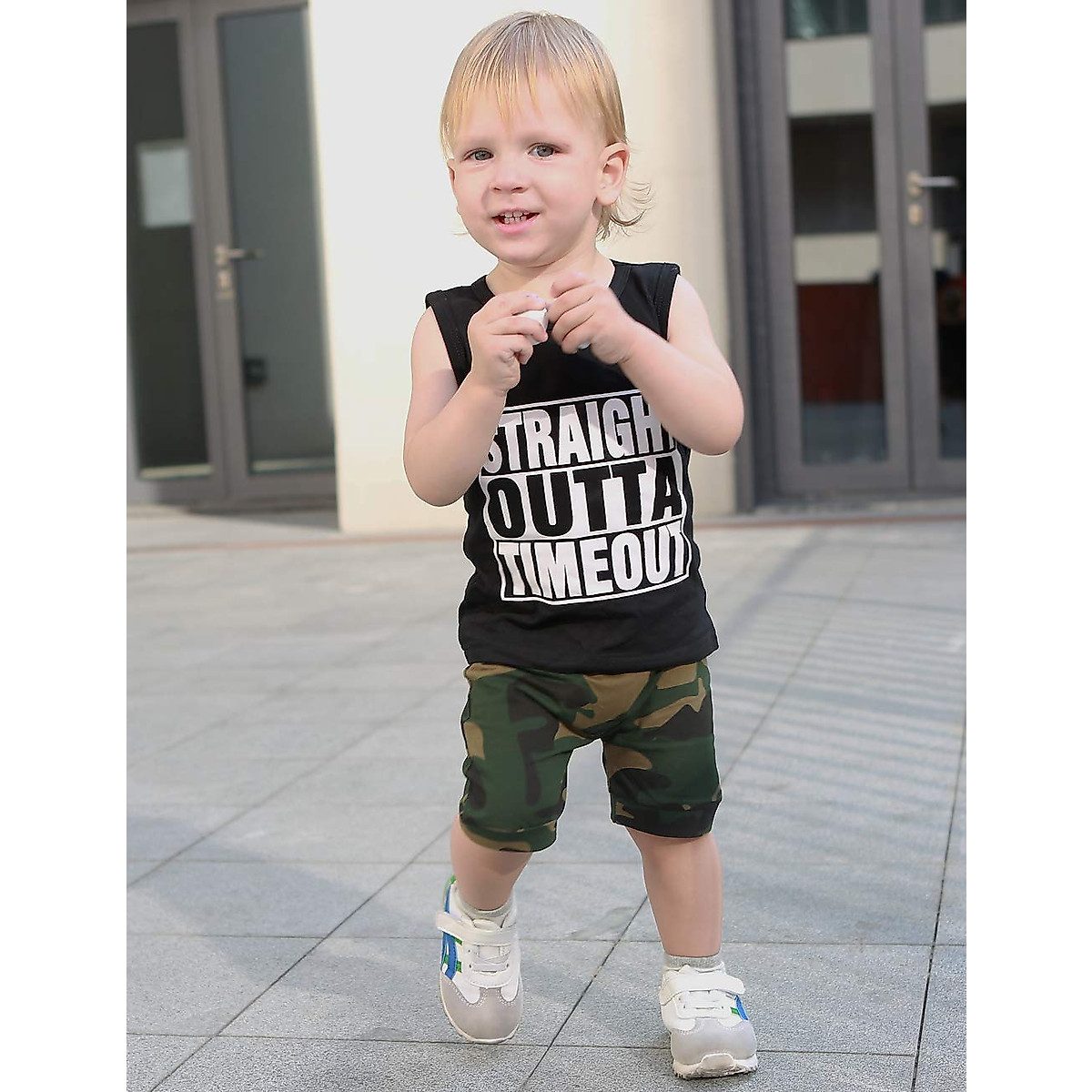 waliwali Toddler Infant Baby Boy Clothes Straight Outta Timeout Vest +Camouflage Shorts Outfit Set(18-24Months(100))