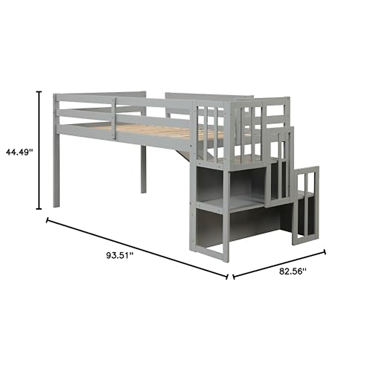 BOVZA Twin Size Low Loft Bed with Stairs and Slide, Wood Bedframe with Safety Guardrails for Kids Boys Girls, Gray