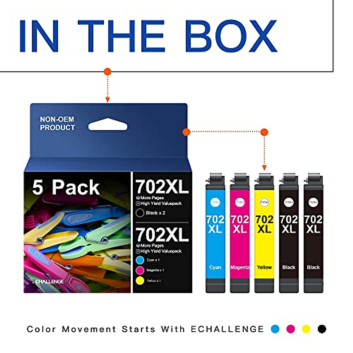T702 T702XL 5 Pack Ink Cartridges Replacement for Epson 702 XL 702XL T702XL to use with Workforce Pro WF-3720 WF-3730 WF-3733 Printer New Upgraded Chips (2 Black, 1 Cyan, 1 Magenta, 1 Yellow)