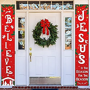 Christmas Front Porch Banners Religious Nativity Scene Sign Holiday Hanging Banner Xmas Decoration for Front Door Believe Jesus is The Reason for The Season 12 x 71 Inch