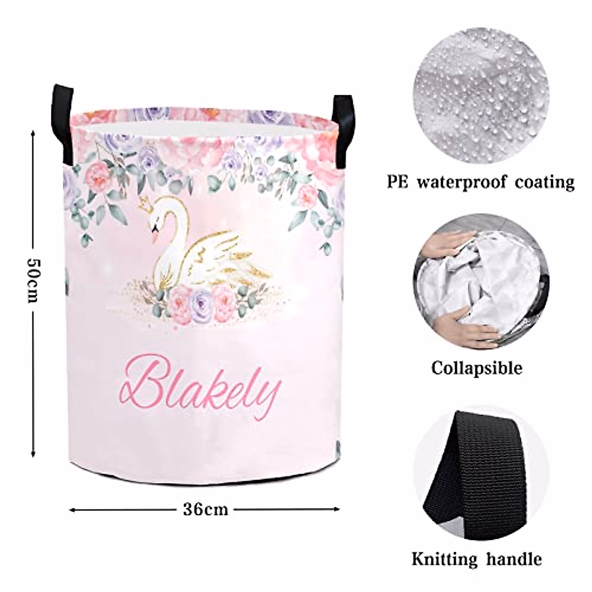 Swan Princess Pink Purple Personalized Foldable Freestanding Laundry Basket Clothes Hamper with Handle, Custom Collapsible Storage Bin for Toys Bathroom Laundry