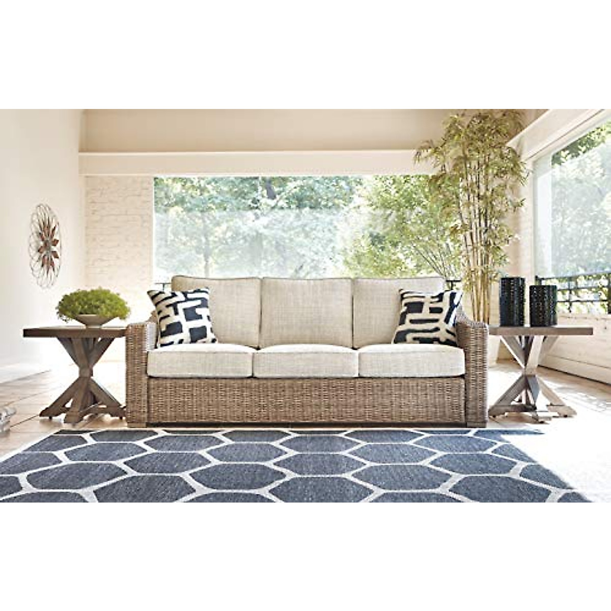 Signature Design by Ashley Beachcroft Outdoor Wicker Patio Sofa with Cushion and 2 Pillows, Beige, Light Gray