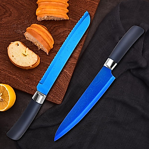 Knife Set, Kitchen Non Stick Knives Set with Block Thick Blade Cutlery Knife Block Sets with Sharpener 6pcs Steak Knife Shears Chef Sharp Quality Aluminum Alloy Block Blue Handle and Blade