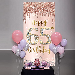 65th Birthday Decorations Door Banner for Women, Pink Rose Gold Happy 65 Birthday Backdrop Party Supplies, 65 Year Old Birthday Poster Door Cover Sign Decor