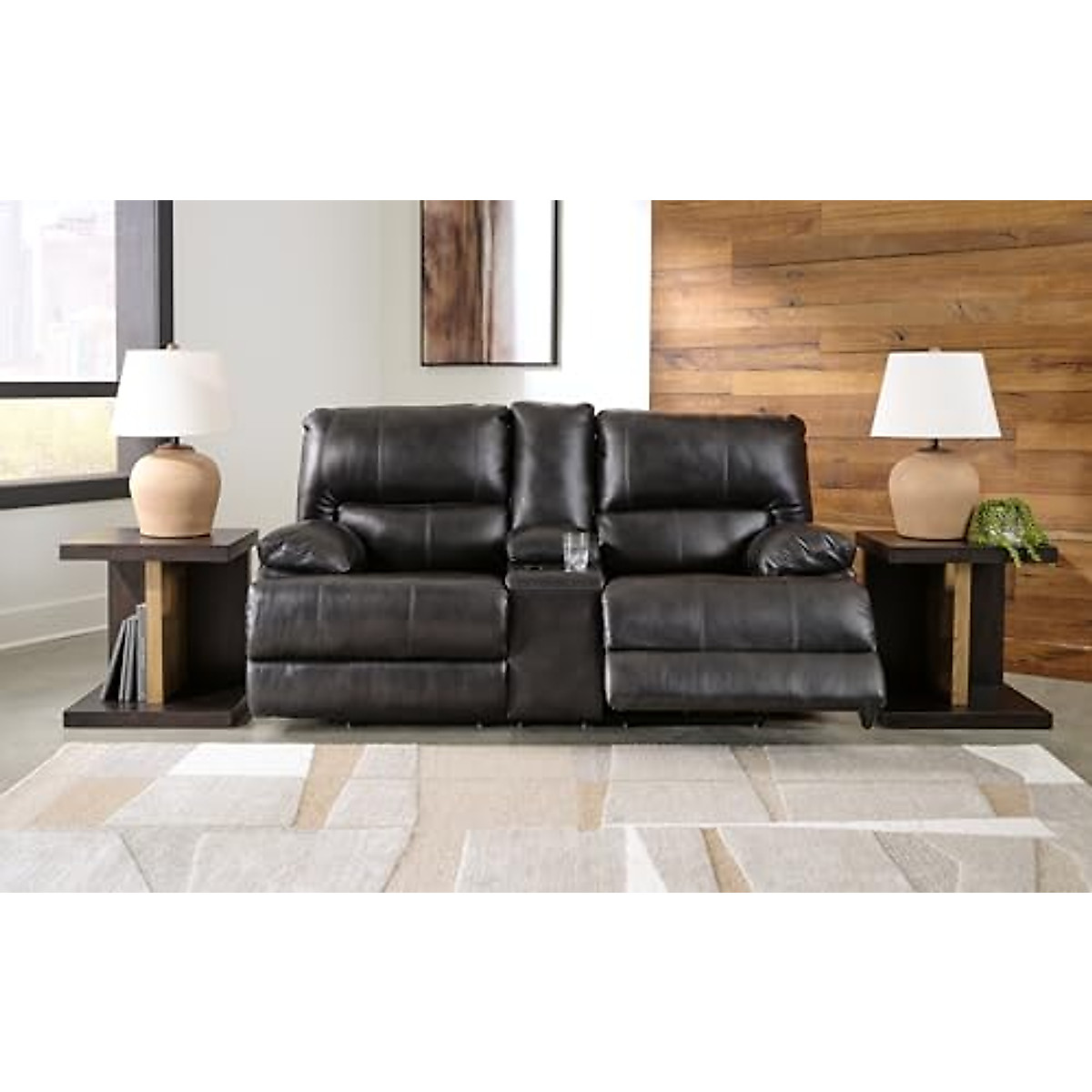 Signature Design by Ashley Mountainous Modern Leather Match Wall Hugger Power Reclining Loveseat with Adjustable Headrest, USB Ports, Storage and Cup Holders, Black