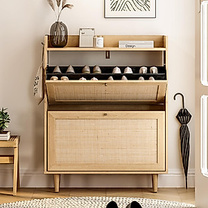 EYYTHUNG Shoe Cabinet with 2 Flip Drawers, Rattan Farmhouse Shoe Organizer, Boho Wooden Hidden Slim Narrow Shoe Rack Cabinet for Entryway, Hallway, Natural Oak