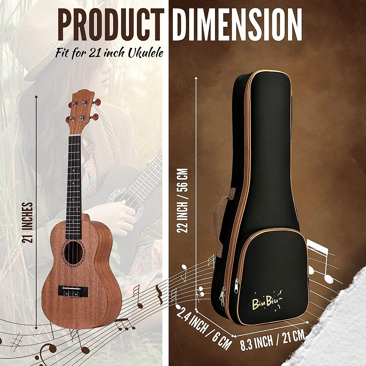 Flexzion Ukulele Gig Bag - Uke Backpack Storage Soft Case Waterproof w/Carrying Handle, Pocket & Adjustable Shoulder Strap, Music Accessories for Concert Tour Travel, Black, 26 in., Tenor