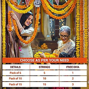 Marigold Garland for Decoration 5 Feet Indian Artificial Flowers for Diwali, Christmas, Party, Wedding Backdrop, Pooja & Cempasuchil Garlands Mexican Day of The Dead Halloween with 1 Diya (Orange 5)