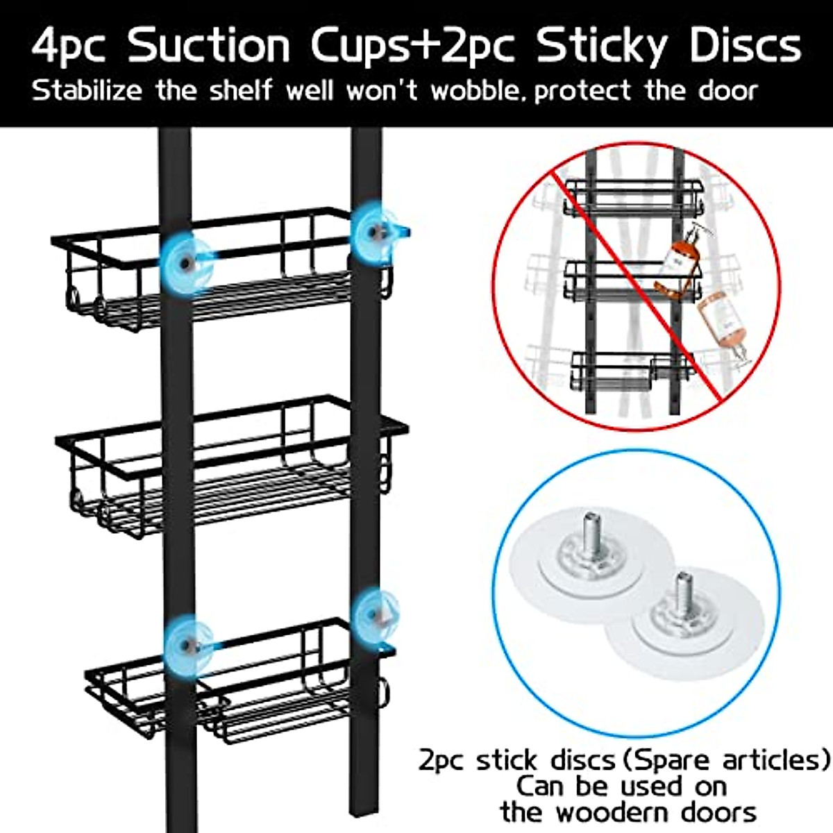 Spaclear Over The Door Shower Caddy, 3-Tier Adjustable Hanging Shower Shelves, Rustproof Stainless Steel with Hook Bathroom Organizer with Soap Holder for Inside Bathroom & Kitchen Storage, Black