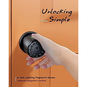 HOLOMARQ Fingerprint Door Knob Lock with Keypad Biometric Door Knob,Combination Door Knob, Smart Door Knob, 4 AA Batteries, for Bedroom Office Interior Door Sequra H2 Matte Black