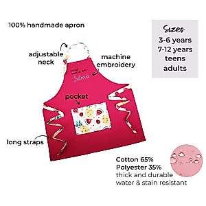 Kids Apron for Cooking Girl Embroidered Personalized Pink Teens Adults, Baking Custom Chef hat (01 pink)
