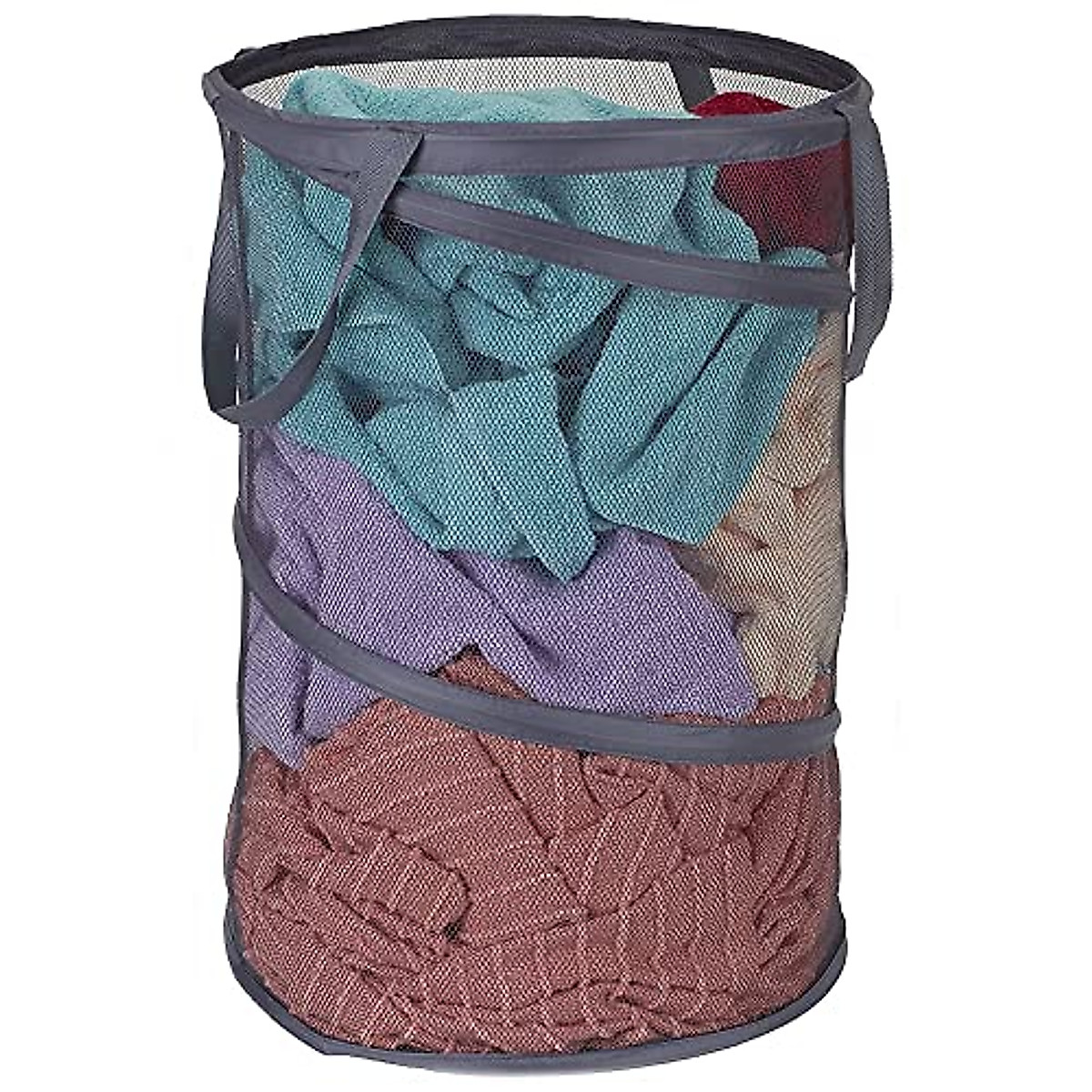 Qtopun Mesh Popup Laundry Hamper, Foldable Portable Cylindrical Dirty Clothes Basket for Bedroom, Kids Room, College Dormitory and Travel — Grey
