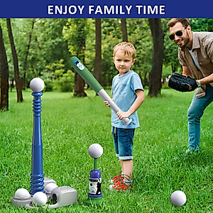 QDRAGON 2 in 1 T Ball Sets for Kids 3-5 5-8, Tee Ball Set with Automatic Pitching Machine/Adjustable Batting Bat & Stand/6 Balls, Baseball Toys Outdoor Sport for Toddlers Boys, Blue