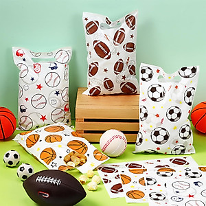 Pajean 100 Pcs Sport Party Favor Bags 10 x 7 Inch Football Goodie Bags Plastic Sport Birthday Gift Bags Soccer Baseball Candy Bags Basketball Treat Bags for Sport Football Basketball Party Stuffers