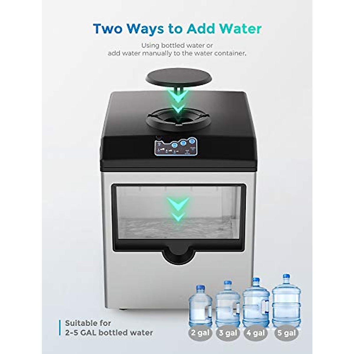 SOUKOO 2 in 1 Countertop Water Ice Maker, 48lbs Daily Ice Cube Makers,Stainless Steel,Tabletop Ice Maker Machine with a Scoop and a 4.5 Pound Storage