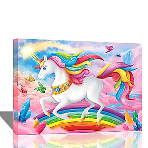 Unicorn Rainbow Wall Art Unicorn Decor for Girls Bedroom Pink Unicorn Painting for Kids Baby Nursery Cute Cartoon Unicorn Canvas Print Framed Artwork Birthday Gifts for Daughter Ready to Hang 16"x12"