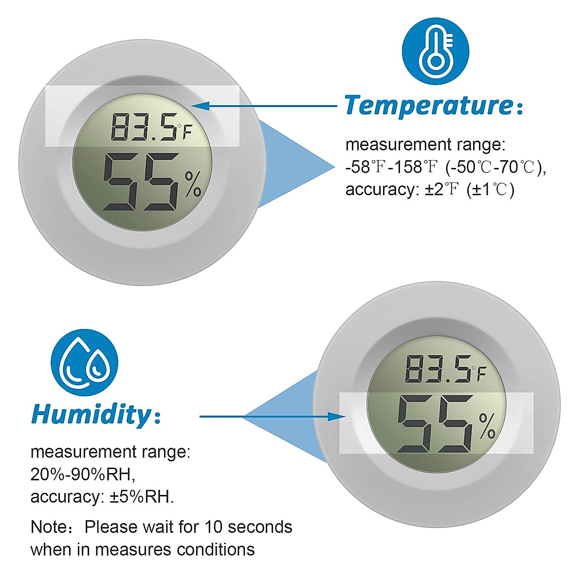 8 Pieces Mini Hygrometer Thermometer Round Digital Humidity Gauge Monitor Electronic Humidity Temperature Meter LCD Display Indoor Outdoor Hygrometer Thermometer for Greenhouse Home Kitchen (White)