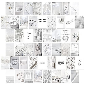 White Photo Collage Kit for Wall Aesthetic | Minimalist White and Grey Wall Posters for Teen Girl Dorm Room Decor | 50 Set 4x6 Inch