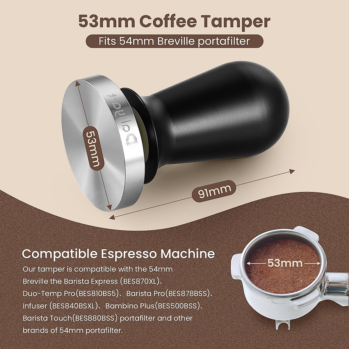 Dailyart 53mm Espresso Tamper - Spring-loaded Coffee Tamper, Barista Espresso Accessories with 30lbs Springs, 100% Flat Stainless Steel Base Tamper Fits Breville Series Portafilter Basket.