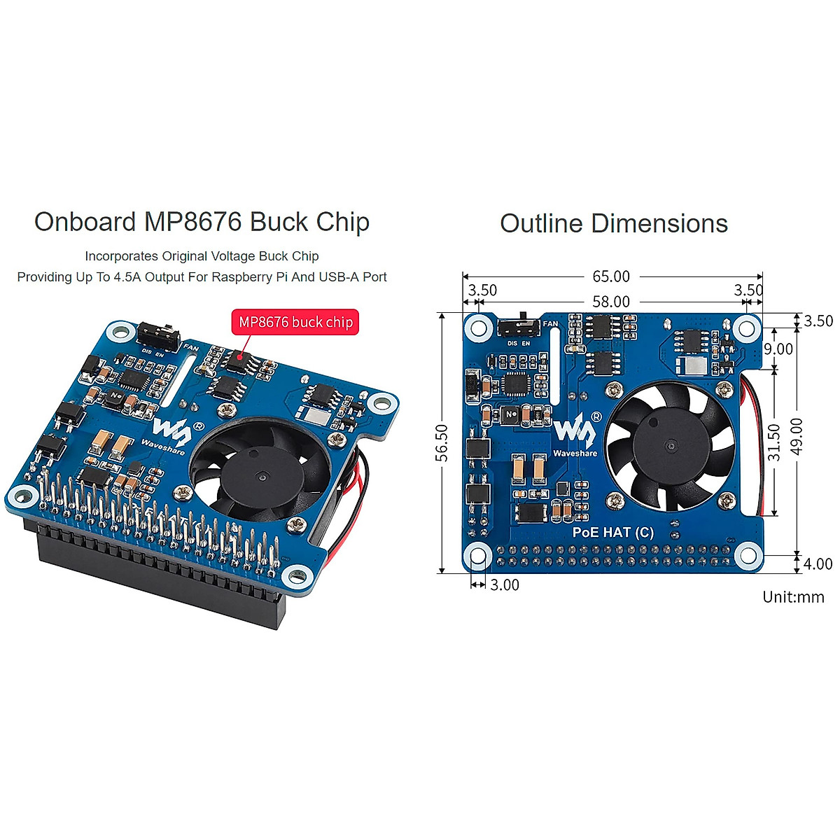 BFab Power Over Ethernet (C) for Raspberry Pi 4B/3B+, POE HAT Board with Cooling Fan,Support IEEE 802.3af/at-Compliant Network,5V USB-A and 12V Header Outputs to Use More Peripherals