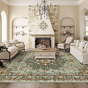 TOPRUUG Washable Oriental Area Rug - 9x12 Rugs for Living Room Soft Carpet for Bedroom Waterproof Floral Distressed Indoor Stain Resistant Non-Shedding Floor Carpets (Green, 9x12)