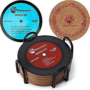 Mainstream Source Retro Album-Themed Cork Coaster Set – Genuine Cork Coasters for Drinks w/ Solid Steel Rack Holder, Heat, Water, and Slip Resistant, Coasters for Coffee Table & Home Decor (Set of 8)