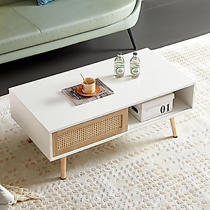 YOUGUO Boho Coffee Table for Living Room, 41.3" Rattan Coffee Table with Sliding Doors & Open Storage Shelf, Mid-Century Center Table for Small Space, White