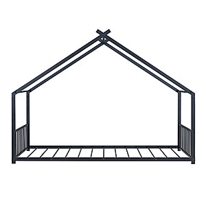 Favfurish Metal Twin Size House Bed with Roof and Slats Support,Playhouse Design Montessori Floor Bed Frame W/Headboard & Footboard,No Box Spring Needed,for Kids Girls Boys,Black