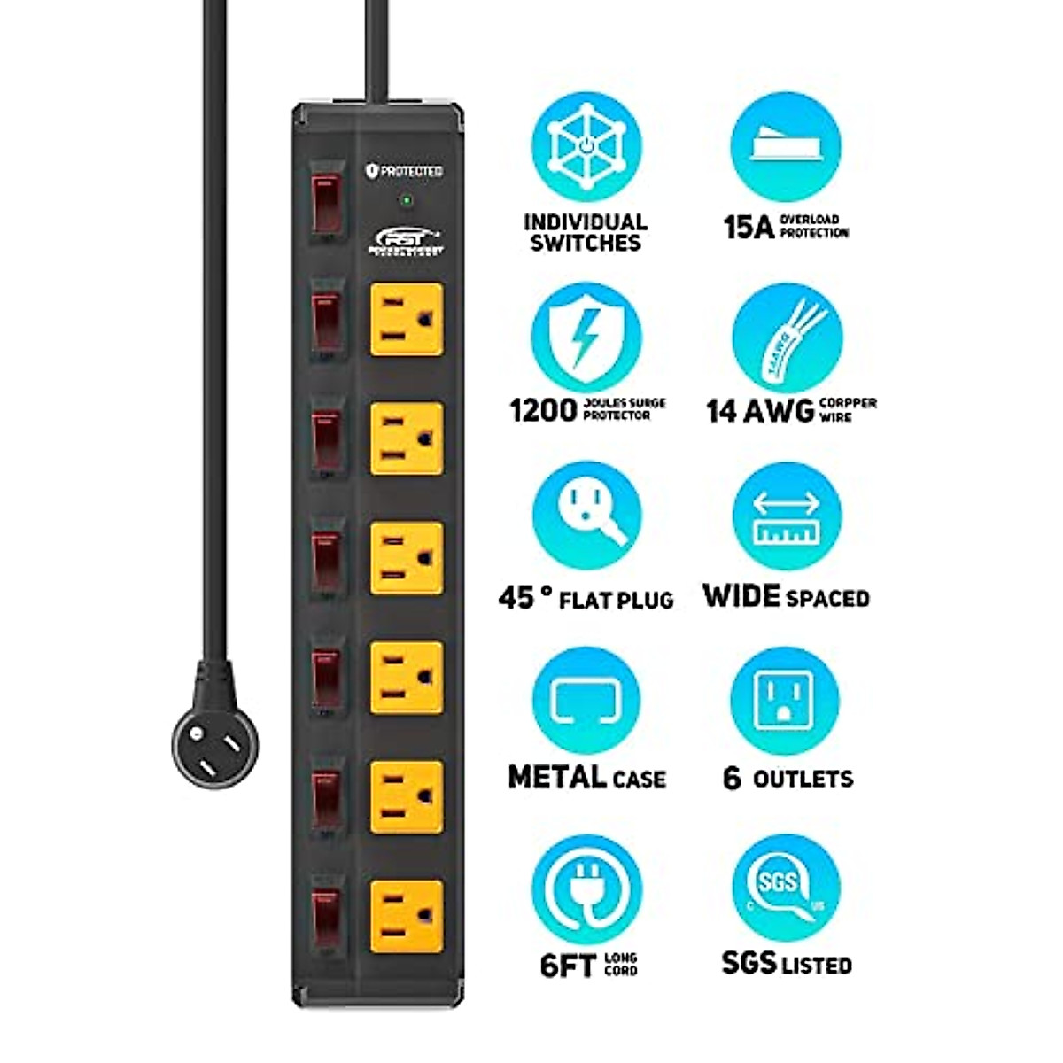 Power Strip with Individual Switches and Flat Plug, CRST 6-Outlet Metal Heavy Duty Surge Protector (1200 Joules), 6-Feet 14AWG Cord with Hook and Loop Fastener, 15A Circuit Breaker