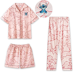 kwaya Women's Cotton Pajamas - 3Pcs Sets, Cute Cartoon Print Sleepwear - Soft Button Up Short Sleeve Shirt with Casual Long Pants & Short Lounge Sets Pink