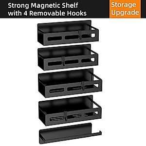 Mamajardin 5 Pack Magnetic Spice Rack for Refrigerator with Paper Towel Holde, Metal Spice Rack Organizers with 4 Moveable Hooks, Black Magnetic Shelf for Fridge Storage, Perfect Gifts